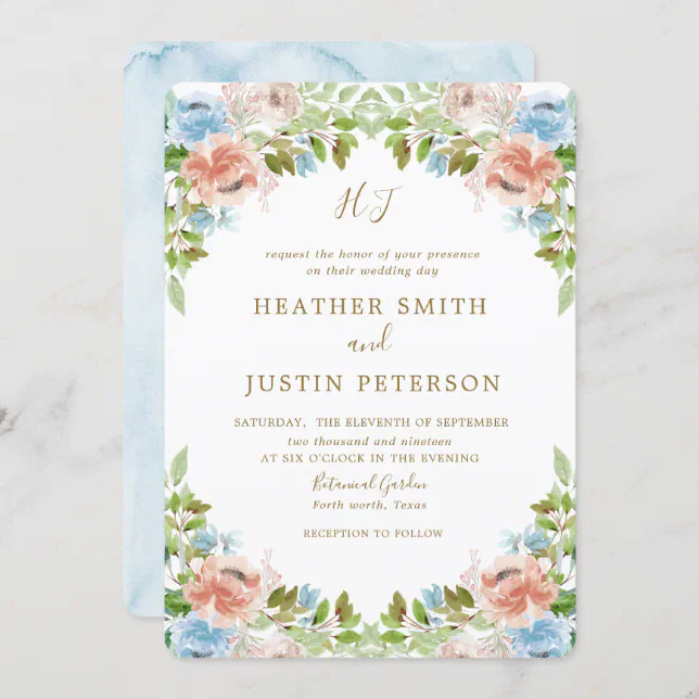 Elegant Pastel Garden Blue Watercolor Wedding Invitation | Zazzle