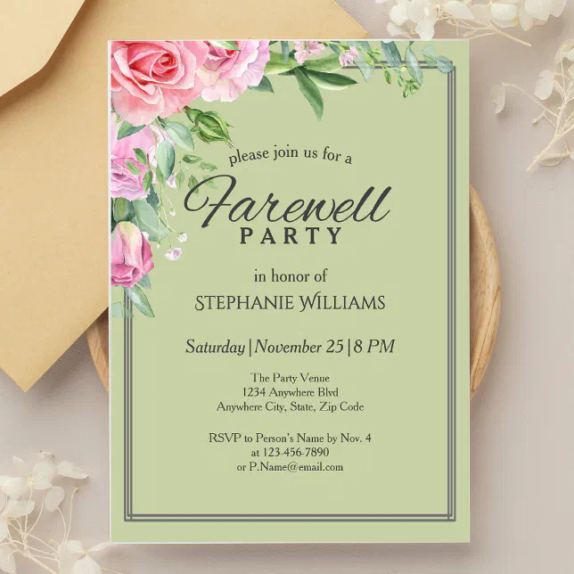 Elegant Pastel Green Flower Farewell Party Invitation | Zazzle