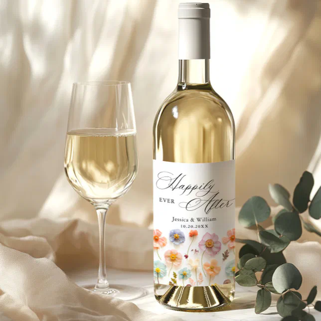 Elegant Pastel Pink Boho Wildflower Wedding Wine Label | Zazzle