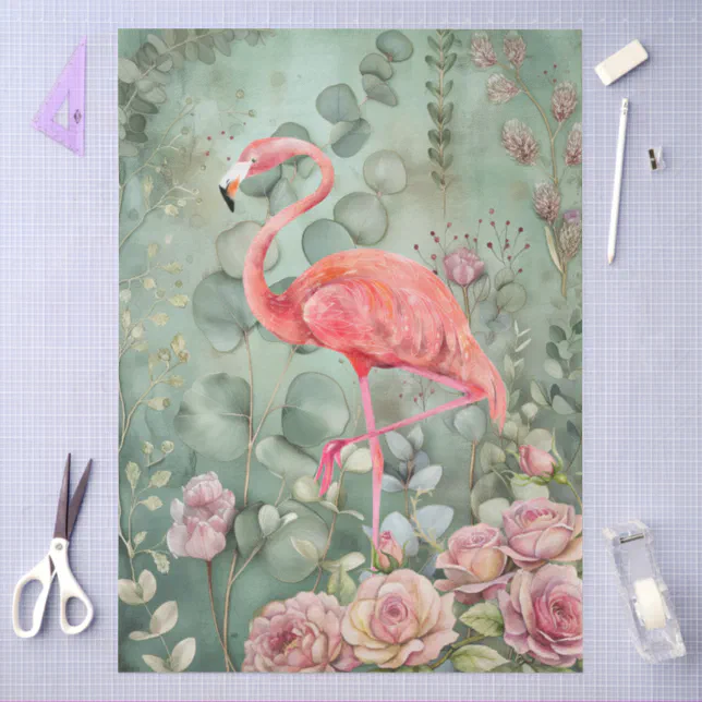 Elegant Pastel Pink Flamingo & Roses Decoupage Tissue Paper | Zazzle