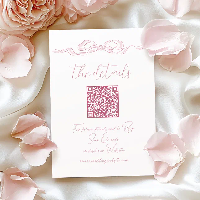 Elegant Pastel Pink Hand Drawn Bow QR Code Details Enclosure Card | Zazzle