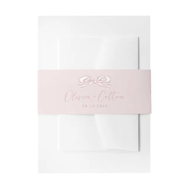 Elegant Pastel Pink Hand Drawn Bow Wedding Invitation Belly Band | Zazzle