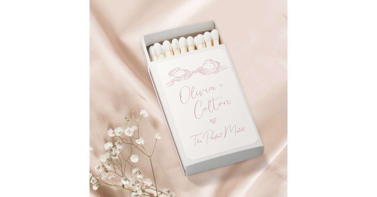 Elegant Pastel Pink Hand Drawn Bow Wedding Matchboxes | Zazzle