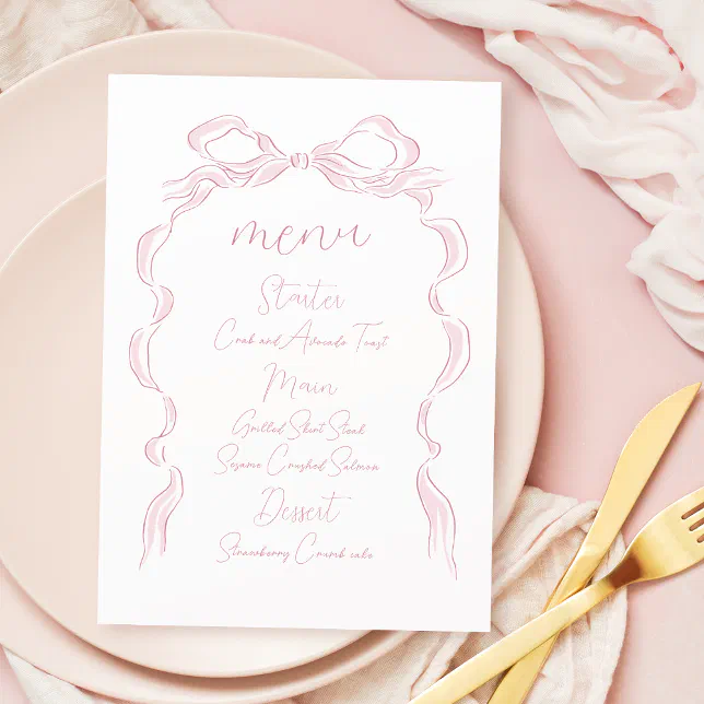 Elegant Pastel Pink Hand Drawn Bow Wedding Menu | Zazzle