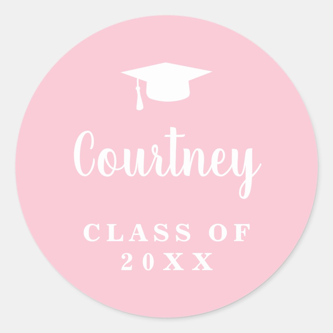 Elegant Pastel Pink Script Name Graduation Cap Classic Round Sticker ...