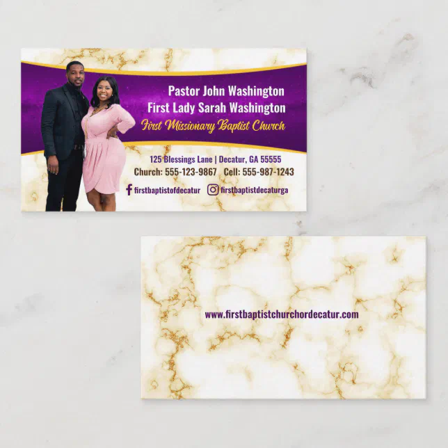 Elegant Pastor and First Lady Marble Photo Church Business Card | Zazzle