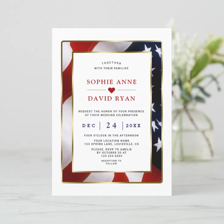 Elegant Patriotic Military Gold USA Flag Wedding Invitation | Zazzle