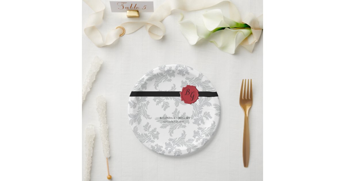 Elegant Pattern & Wax Seal Wedding Paper Plates | Zazzle