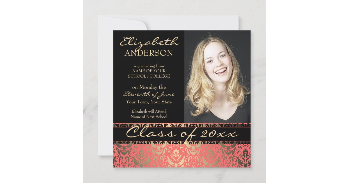 Elegant Peach and Gold Damask Graduation Announcement | Zazzle