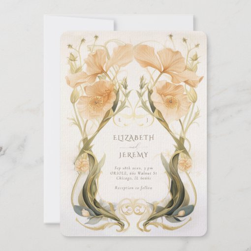 Elegant Peach Apricot Art Nouveau Wedding Invitation | Zazzle