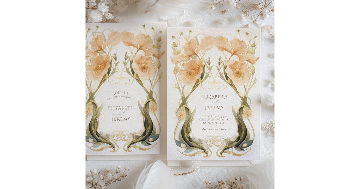 Elegant Peach Apricot Art Nouveau Wedding Invitation | Zazzle