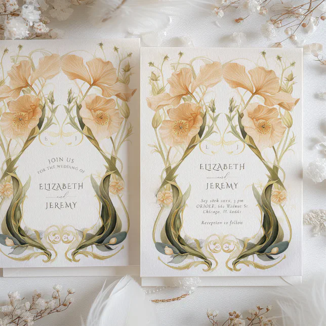 Elegant Peach Apricot Art Nouveau Wedding Invitation | Zazzle