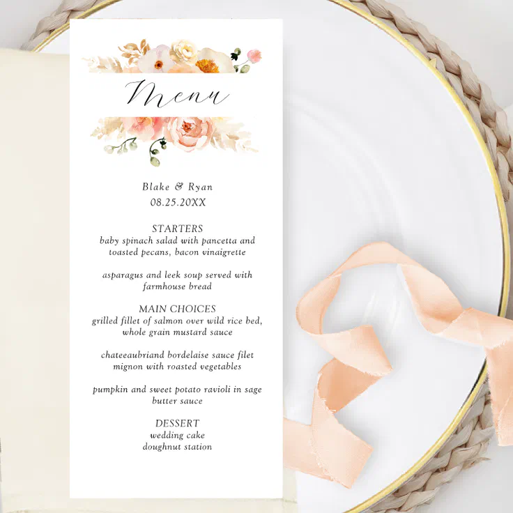 Elegant Peach, Blush and Champagne Wedding Menu | Zazzle