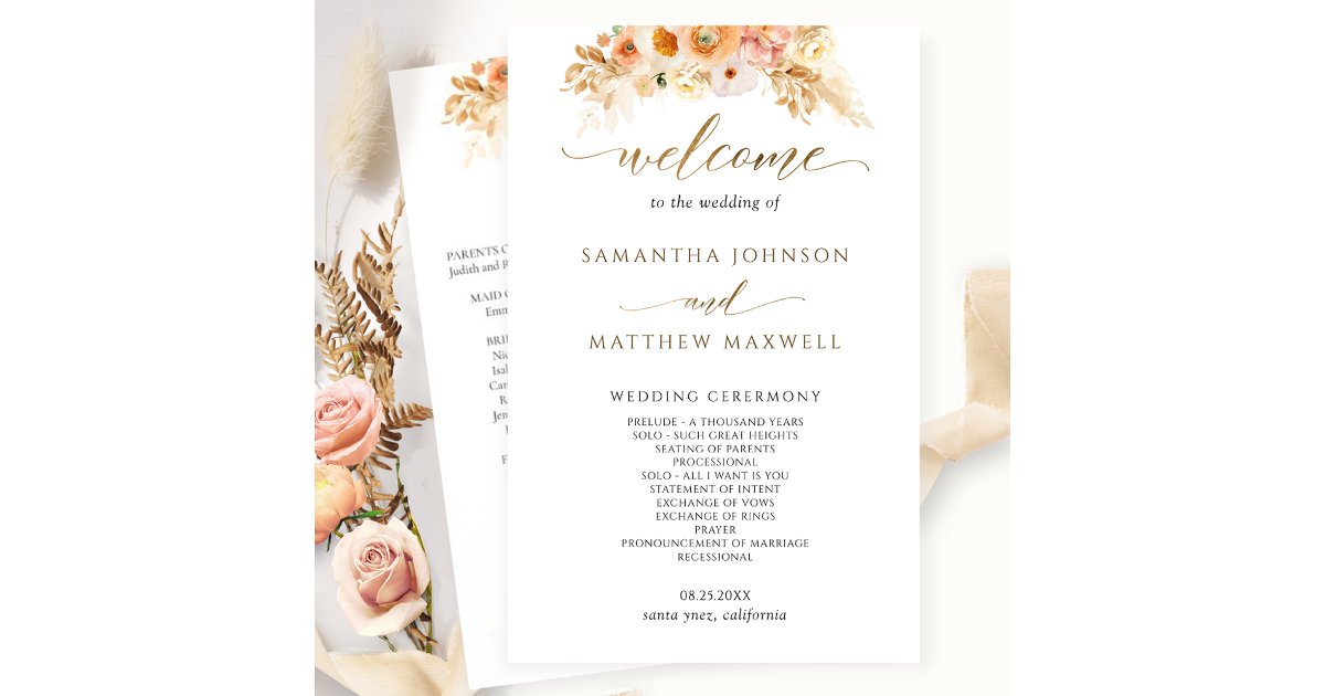 Elegant Peach Blush Delight Floral Wedding Program | Zazzle