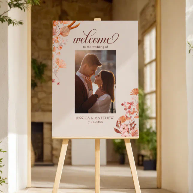 Elegant Peach Boho Style Floral Photo Welcome Sign | Zazzle