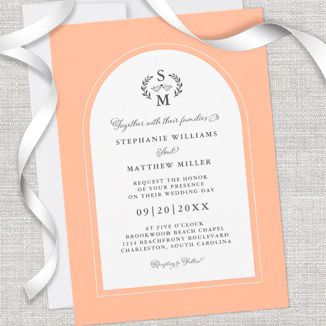 Elegant Peach Calligraphy Crest Arch Wedding Invitation | Zazzle