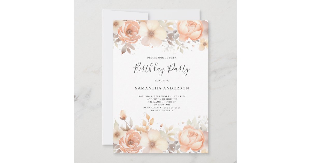 Elegant Peach Floral Birthday Invitation | Zazzle