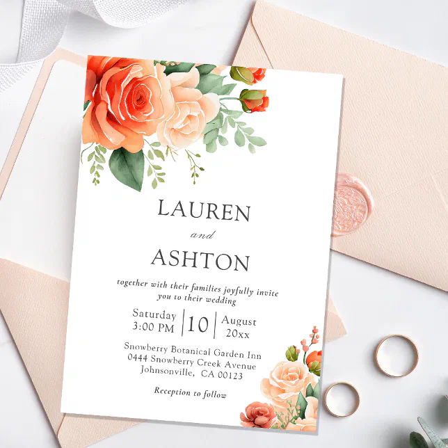 Elegant Peach Floral Rose Wedding Invitation | Zazzle