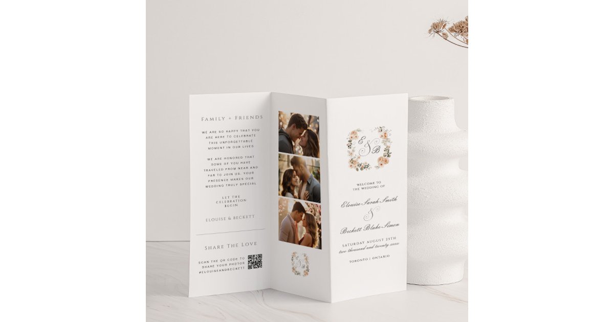 Elegant Peach Floral Trifold Wedding Program | Zazzle