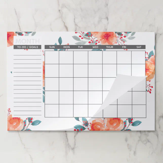 Elegant Peach & Green Floral Monthly Calendar Paper Pad | Zazzle