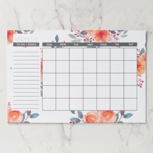 Elegant Peach & Green Floral Monthly Calendar Paper Pad | Zazzle