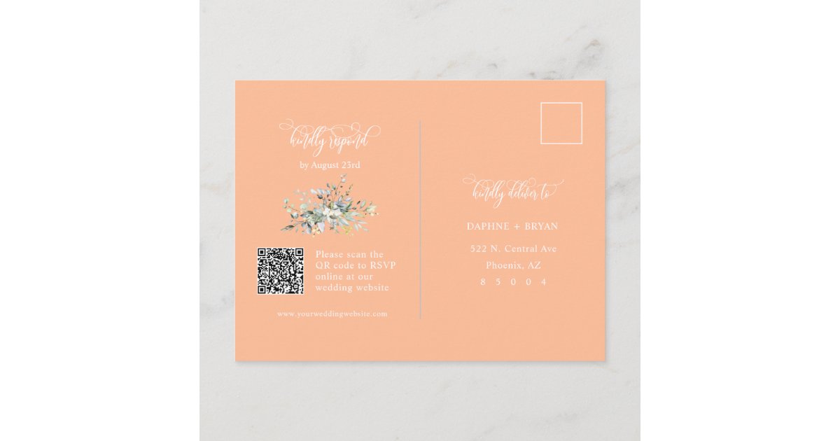 Elegant Peach Green Leaves QR Code Address RSVP Postcard | Zazzle