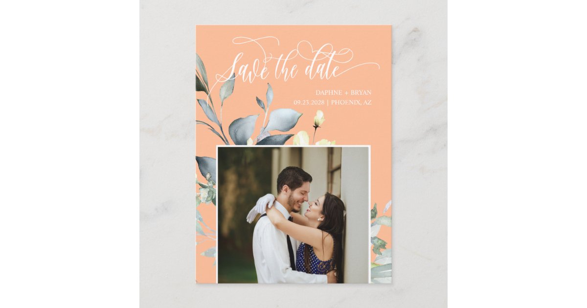 Elegant Peach Green Leaves QR Code Save the Date Announcement Postcard ...