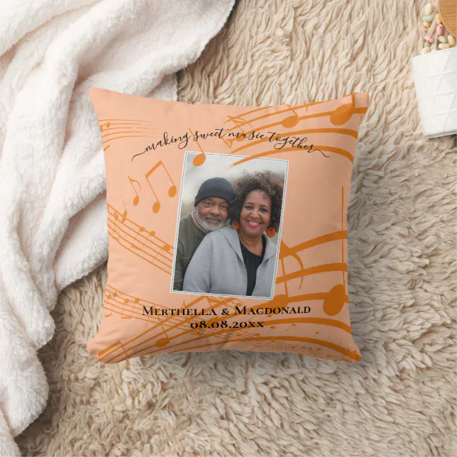 Elegant Peach Music Notes Couples Wedding Photo Throw Pillow | Zazzle