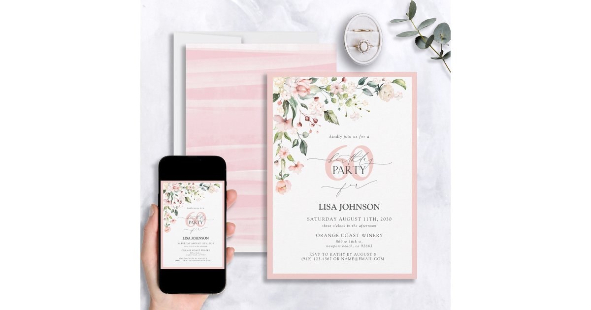 Elegant Peach Pink Floral Script 60th Birthday Invitation | Zazzle