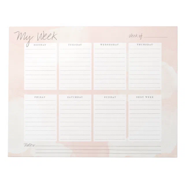 Elegant Peach Pink Watercolor Week Planner Notepad | Zazzle