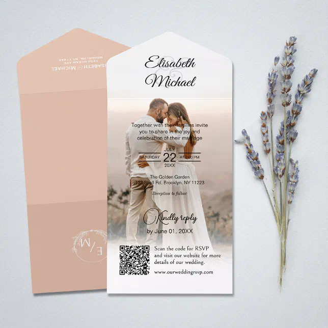 Elegant Peach QR Code Photo Wedding All In One Invitation | Zazzle