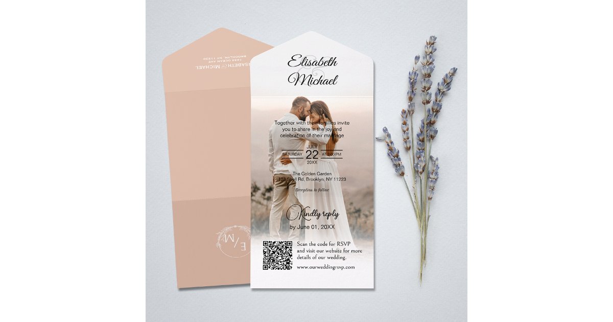 Elegant Peach QR Code Photo Wedding All In One Invitation | Zazzle