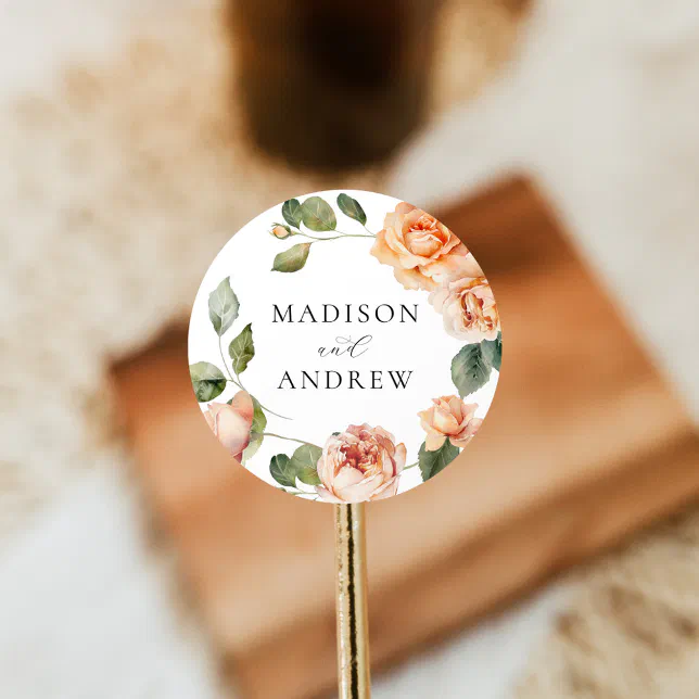 Elegant Peach Rose Wedding Classic Round Sticker | Zazzle