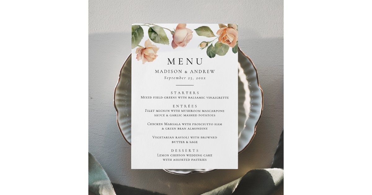 Elegant Peach Rose Wedding Menu | Zazzle