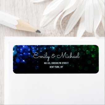 Elegant peacock color bokeh retrun address labels | Zazzle