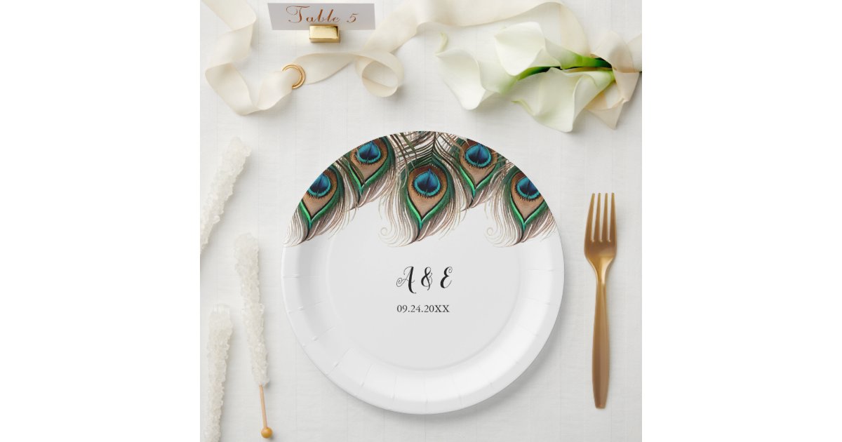 Elegant Peacock Feather Wedding Paper Plates | Zazzle