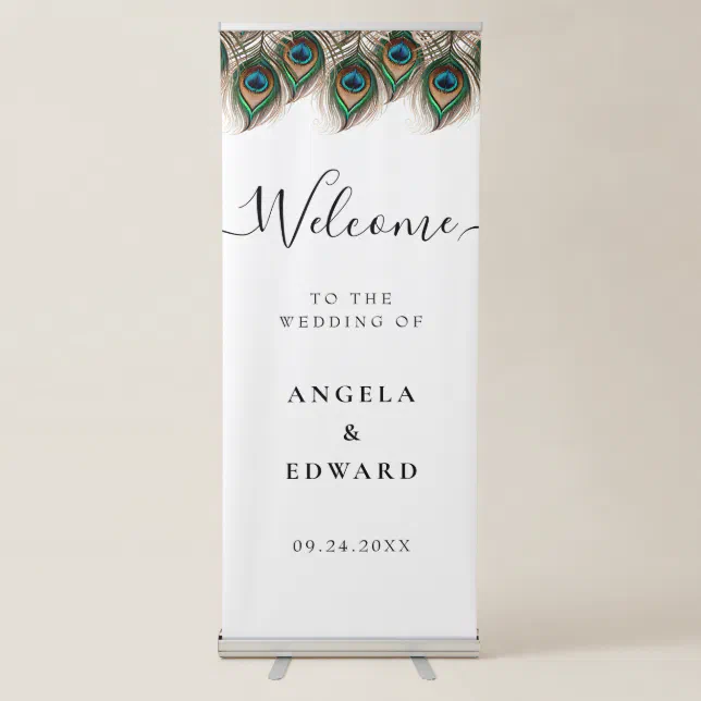 Elegant Peacock Feather Wedding Welcome Retractable Banner | Zazzle