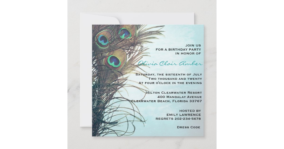 Elegant Peacock Feathers Birthday Party Invite Zazzle