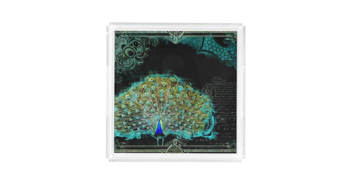 Elegant Peacock w Vintage Scrolls Home Decor Acrylic Tray | Zazzle