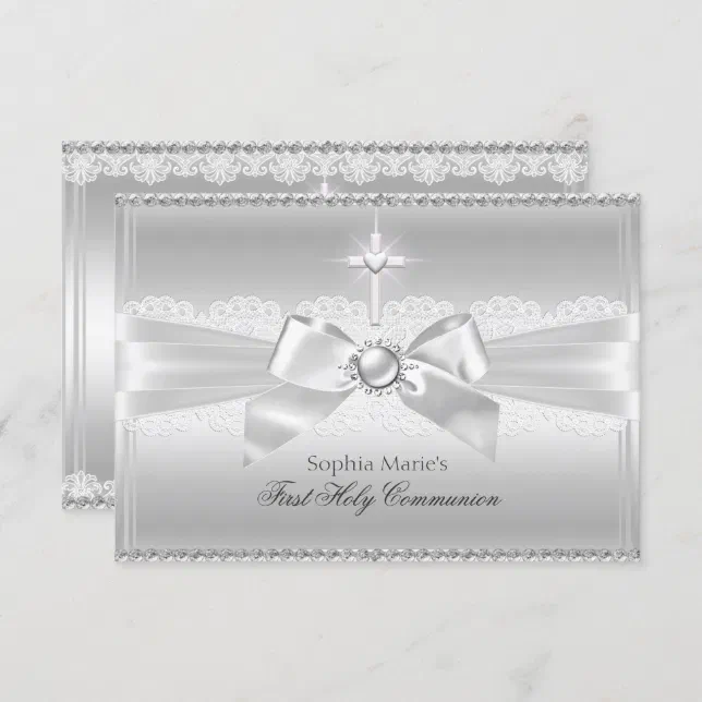 Elegant Pearl Bow & Cross First Holy Communion Invitation | Zazzle