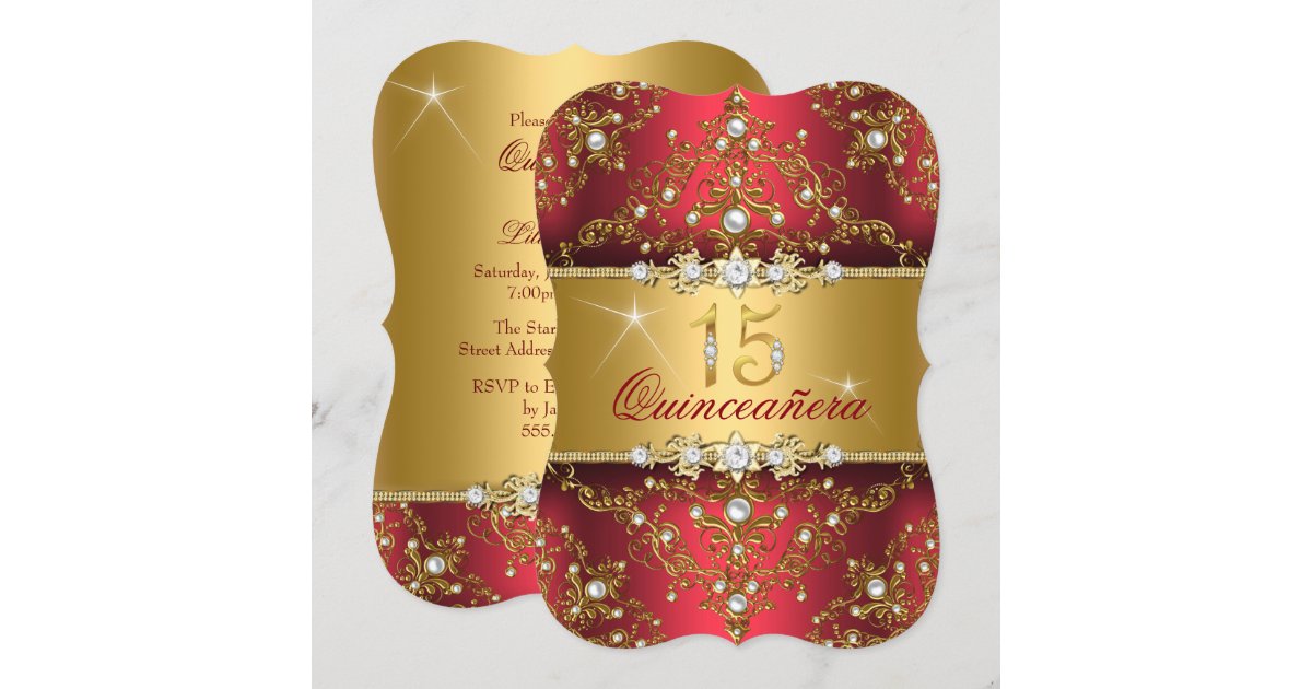 Elegant Pearl Damask Ruby Red Quinceanera Invitation | Zazzle