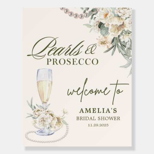 Elegant pearls and prosecco Bridal Welcome sign | Zazzle
