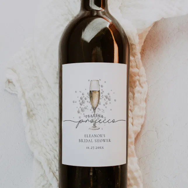 Elegant Pearls & Prosecco Bridal Shower Favor Wine Label | Zazzle