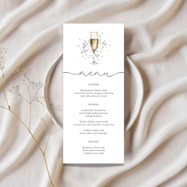 Elegant Pearls & Prosecco Bridal Shower Menu Card | Zazzle