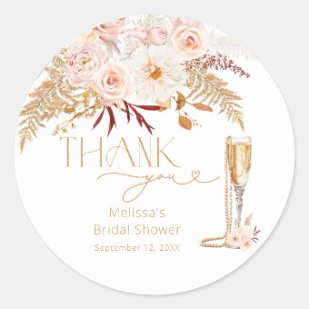 Elegant Pearls & Prosecco Floral Bridal Favor Classic Round Sticker ...