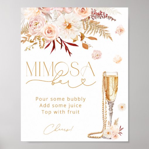 Elegant Pearls & Prosecco Floral Bridal Mimosa Bar Poster | Zazzle