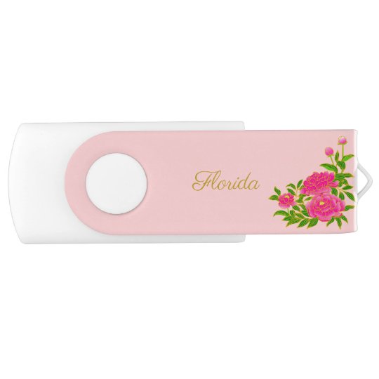 Elegant peony flowers & golden calligraphy on pink flash drive | Zazzle.com