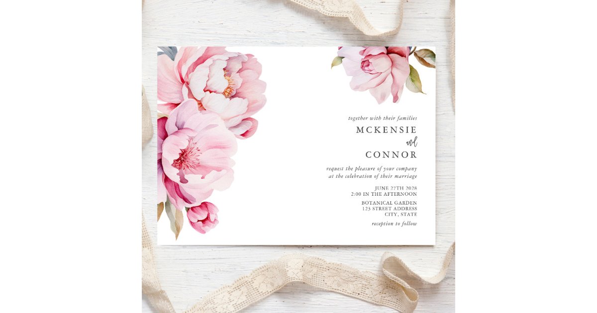 Elegant Peony Magnolia Pink Floral Wedding Invitation | Zazzle