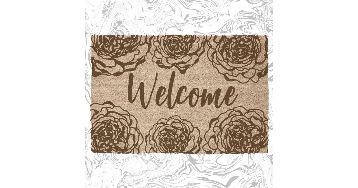 Elegant Peony Outlines Welcome coir Fiber Doormat | Zazzle