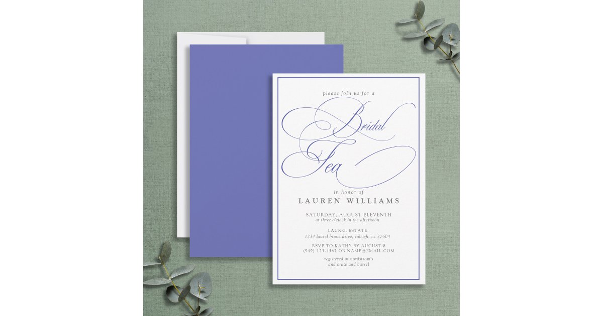 Elegant Periwinkle Calligraphy Formal Bridal Tea Invitation | Zazzle